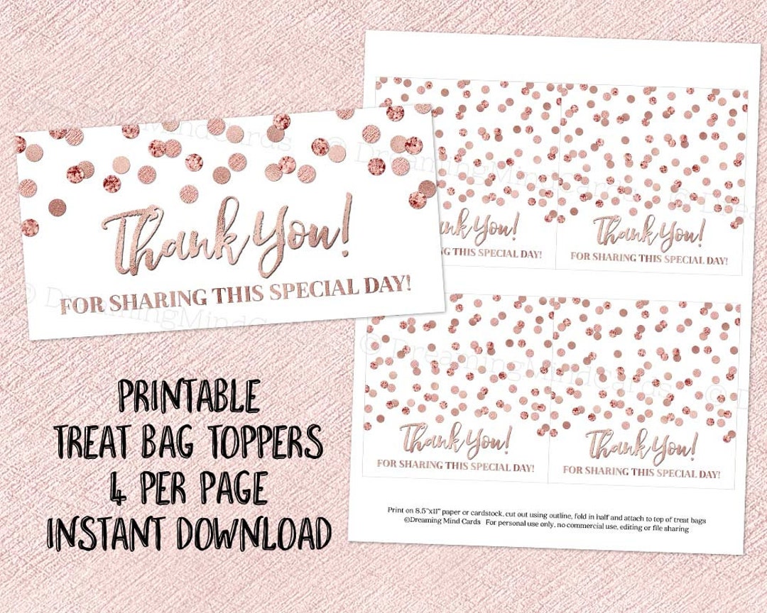 Printable Thank You Treat Bag Toppers Rose Gold Confetti Wedding Baby ...