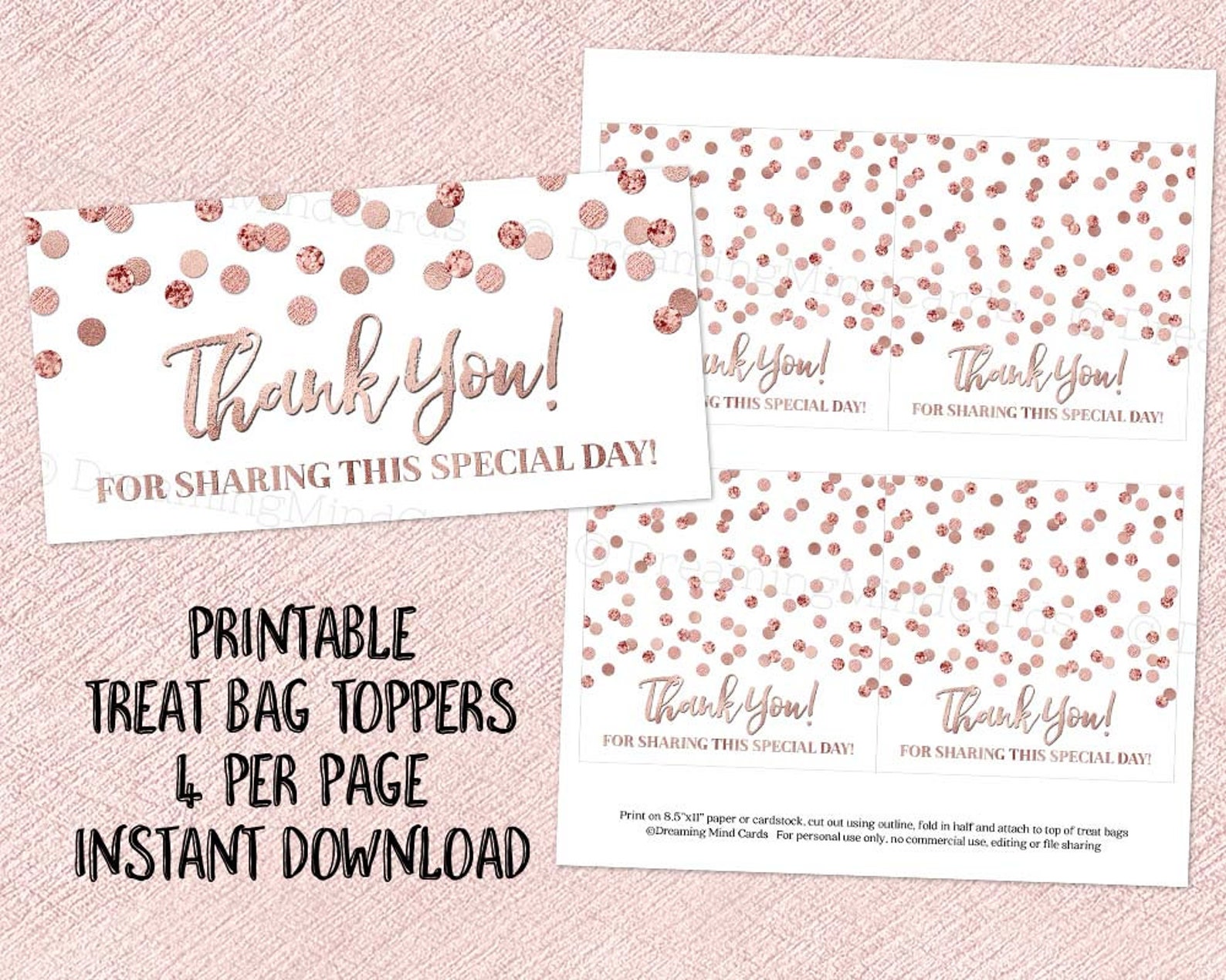 Printable Thank You Treat Bag Toppers Rose Gold Confetti | Etsy