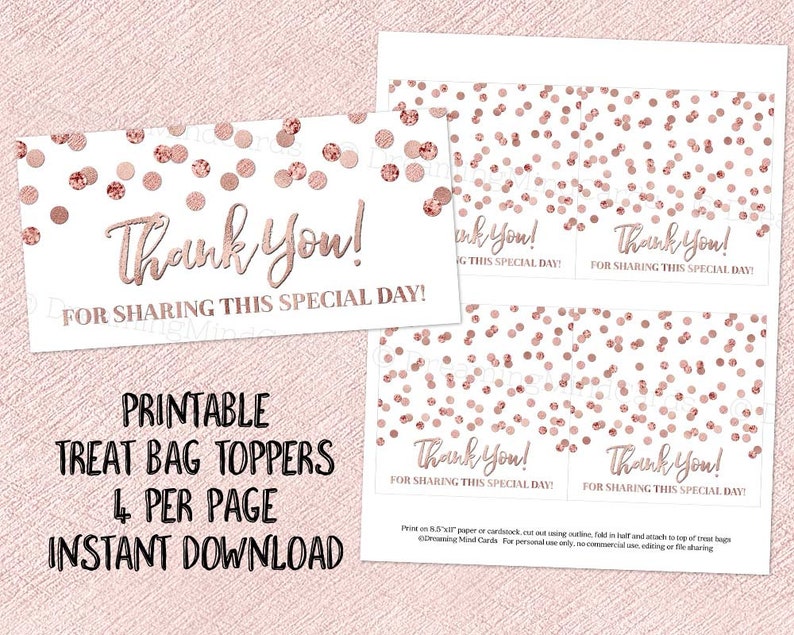 Printable Thank You Treat Bag Toppers Rose Gold Confetti | Etsy