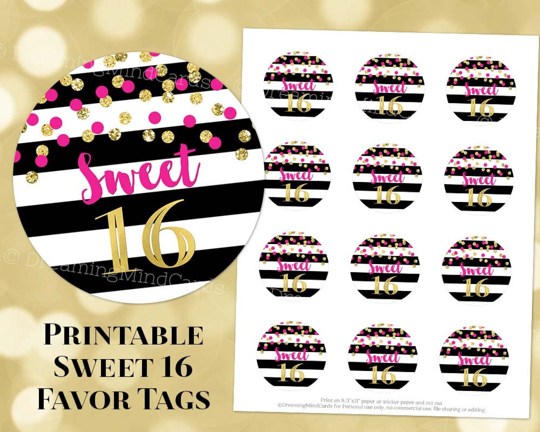 Printable Sweet 16 Birthday Party Round Tags Black Stripes Pink and ...