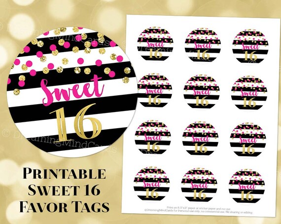 Printable Sweet 16 Birthday Party Round Tags Black Stripes - Etsy