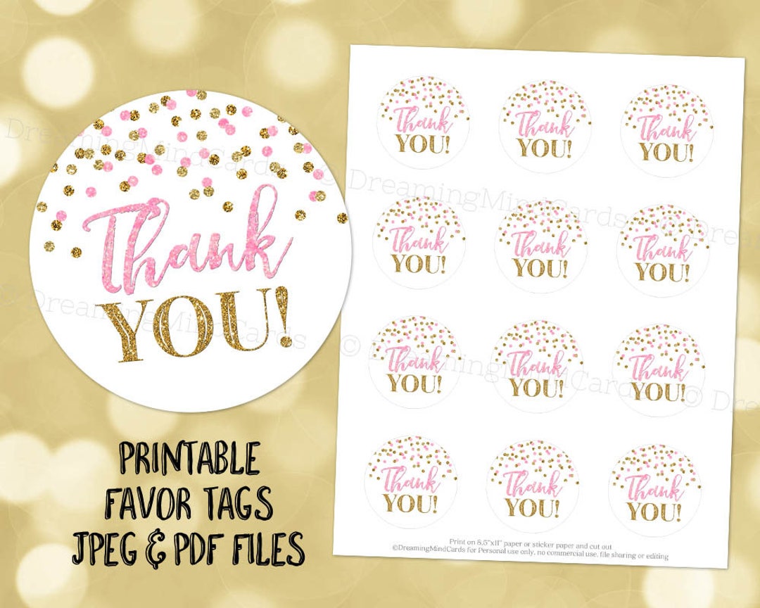 Printable Thank You Round Favor Tags Pink Gold Confetti Wedding, Baby ...
