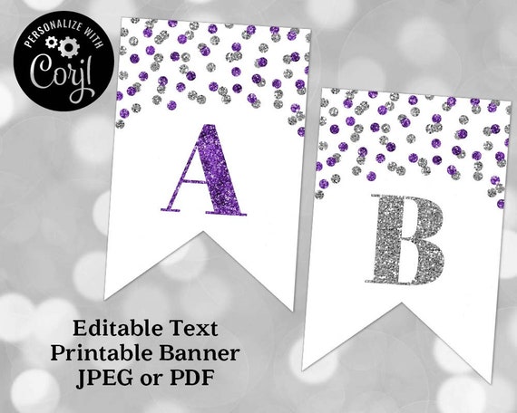 Printable Editable Text Banner Purple and Silver Confetti - Etsy