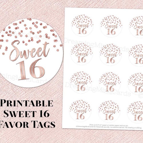 Printable Sweet 16 Birthday Party Round Tags Rose Gold | Etsy
