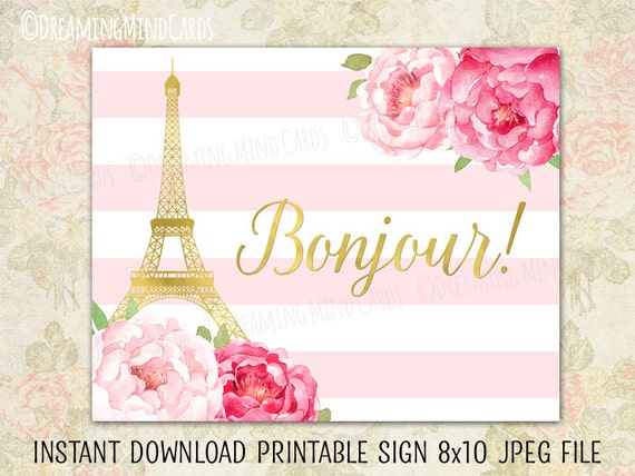 Printable Bonjour Sign 8x10 Pink Paris Eiffel Tower Watercolor - Etsy