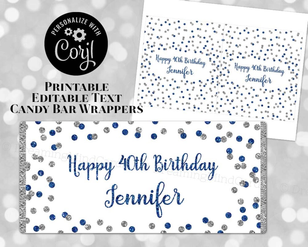 Printable Editable Text Birthday Candy Bar Wrapper Blue and Silver ...