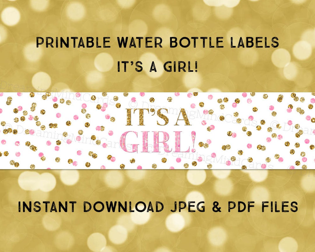 Printable Water Bottle Labels It's a Girl Baby Shower Light Pink and ...