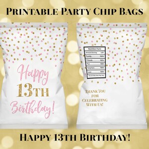 Printable Mini Chip Bag Happy 13th Birthday Light Pink Gold Confetti ...