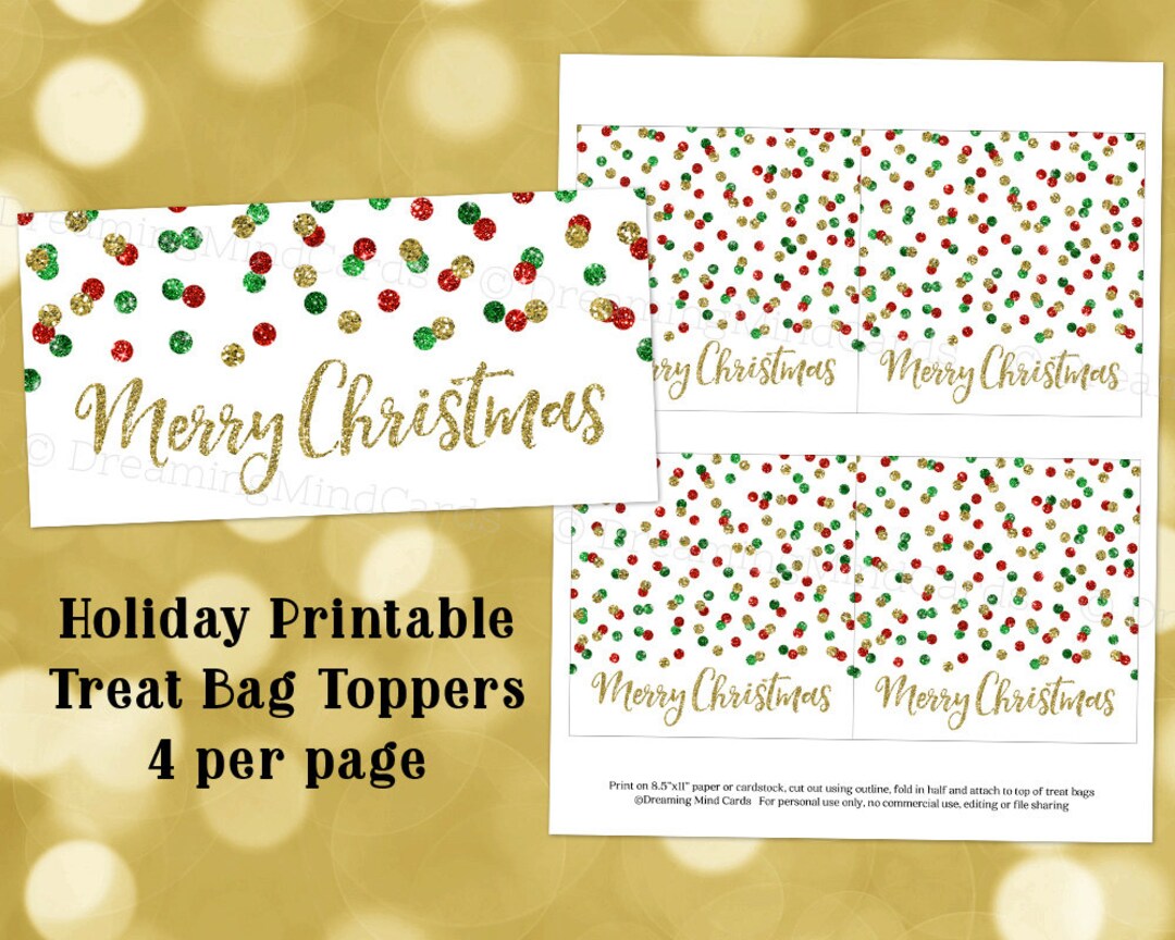 Printable Merry Christmas Holiday Treat Bag Toppers Red Green Gold ...