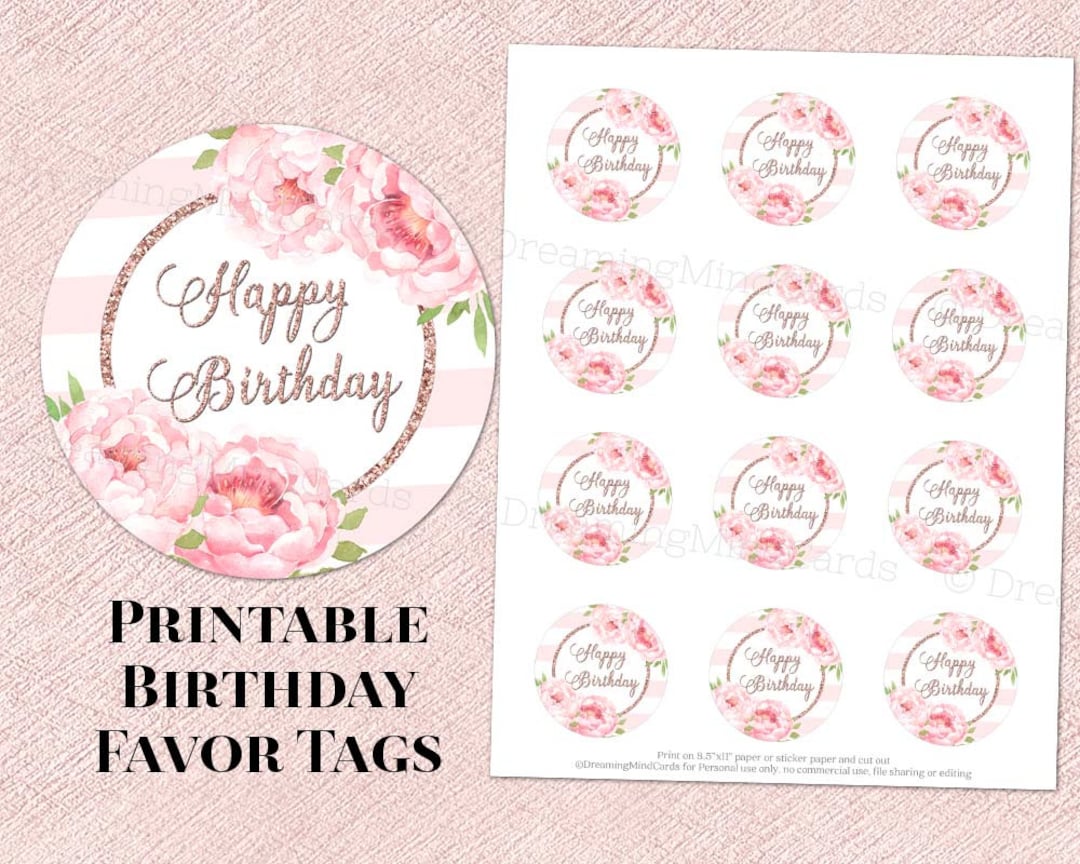 Printable Happy Birthday Round Tags Rose Gold Glitter Pink Stripes ...