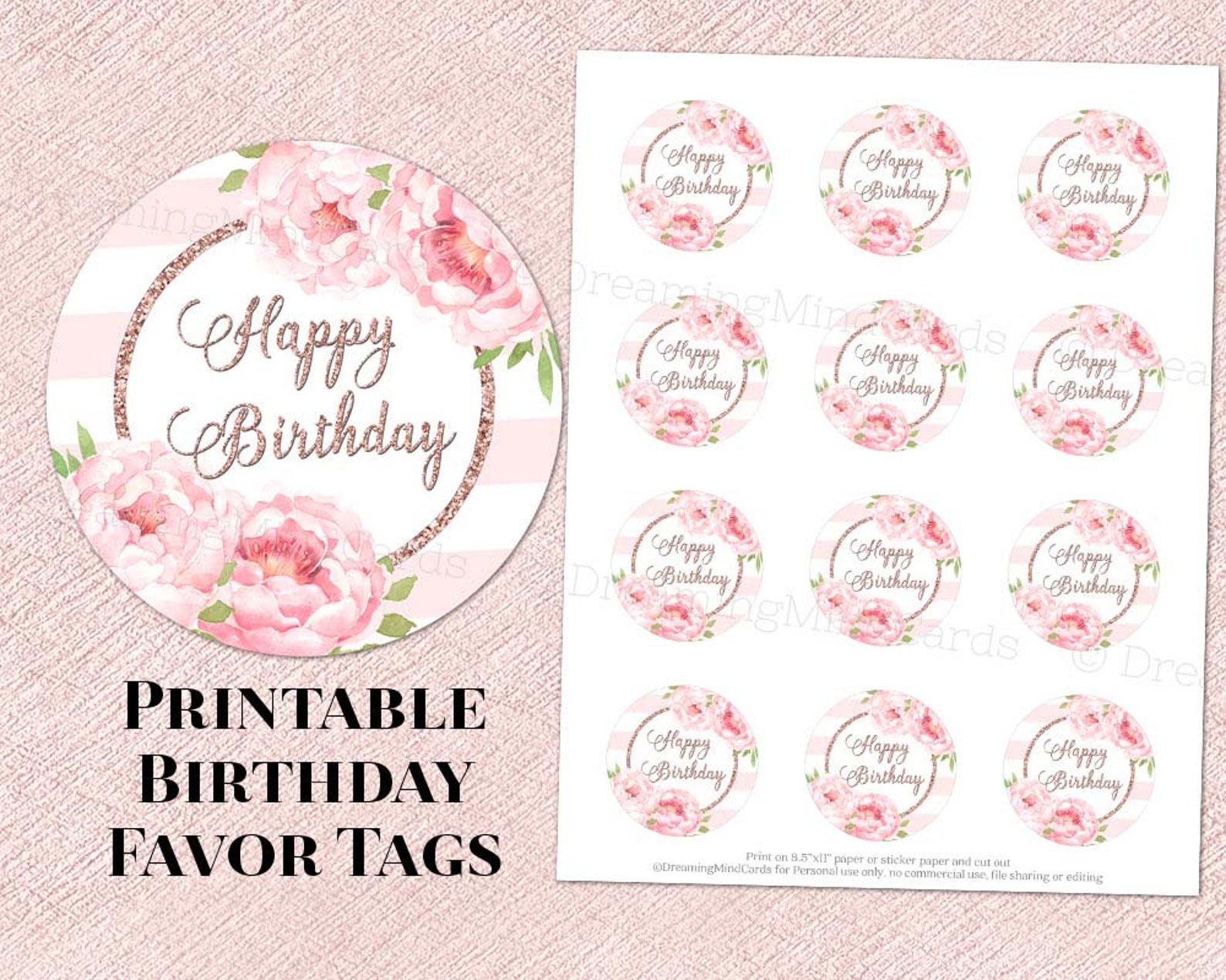 Printable Happy Birthday Round Tags Rose Gold Glitter Pink - Etsy