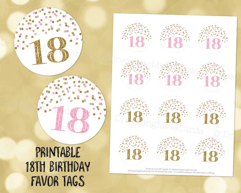 Printable 18th Birthday Party Round Tags Pink and Gold Confetti Instant ...