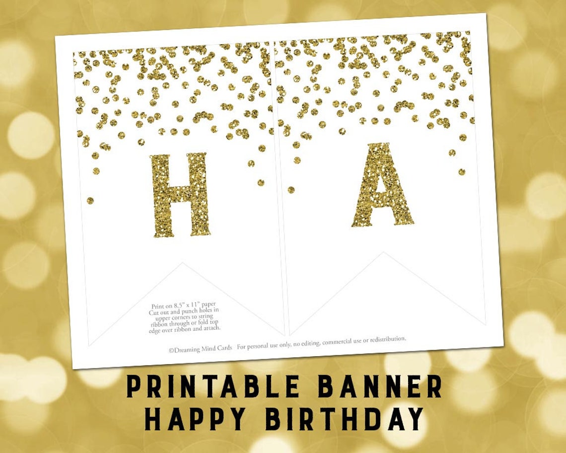 Printable Happy Birthday Banner Gold Confetti Bunting Instant Digital ...