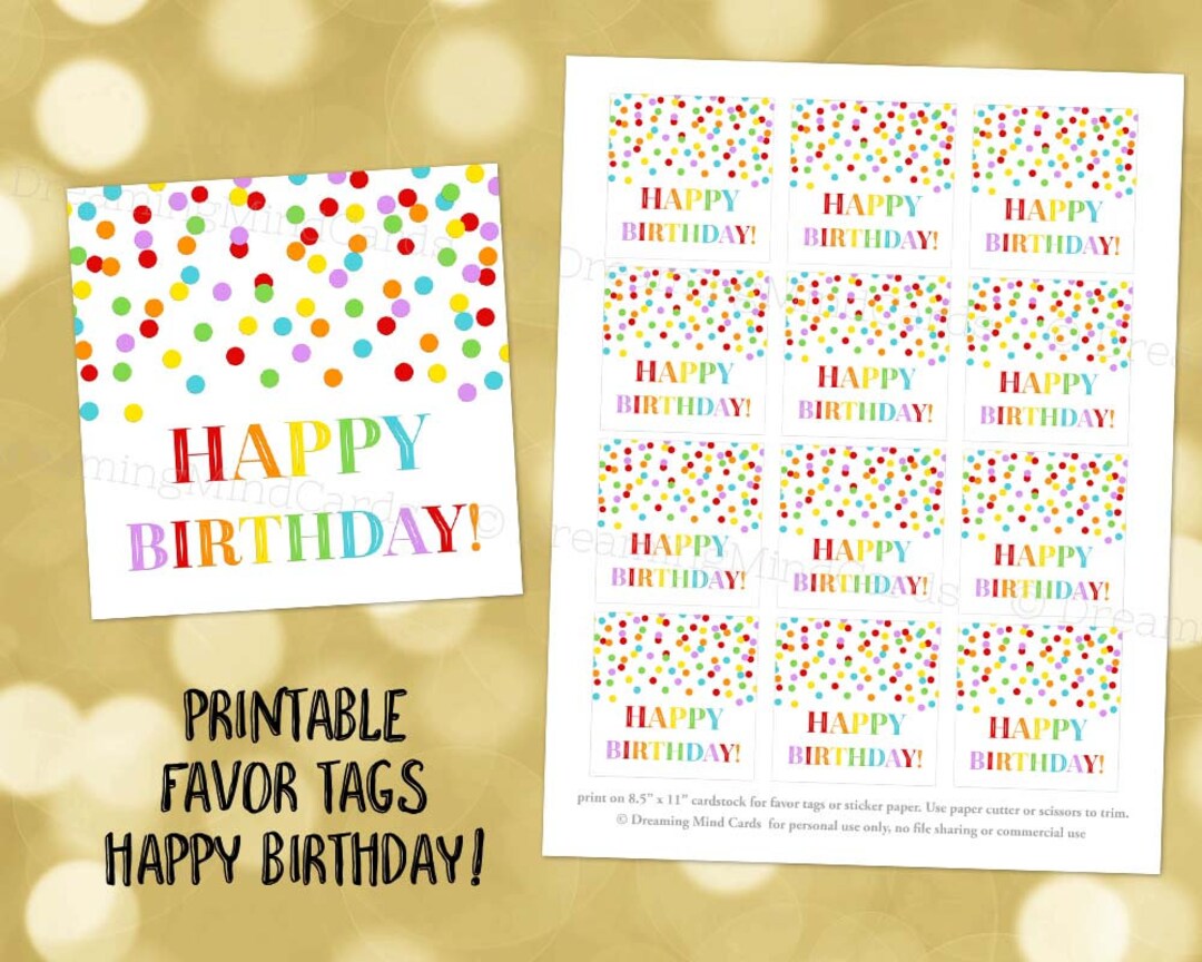 Printable Happy Birthday Favor Tags Rainbow Confetti Birthday Party ...