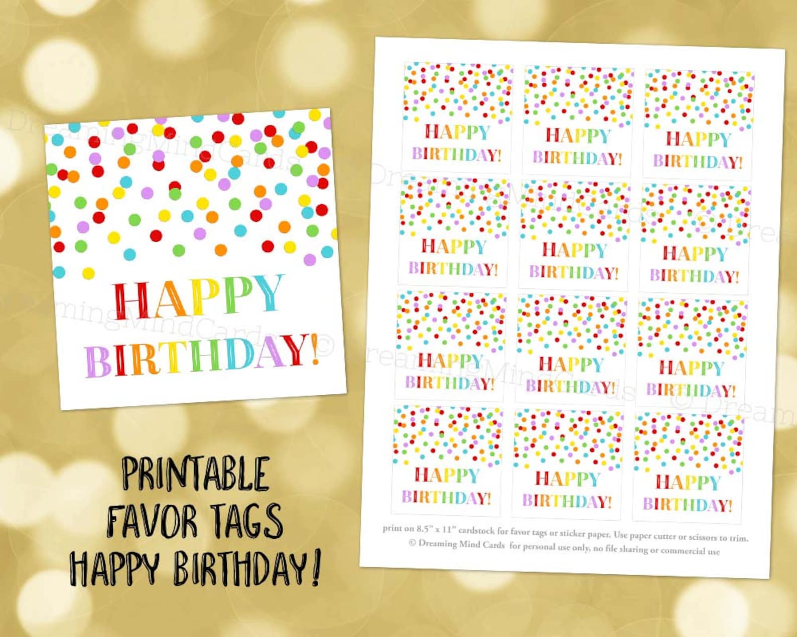 Printable Happy Birthday Favor Tags Rainbow Confetti Birthday Party ...