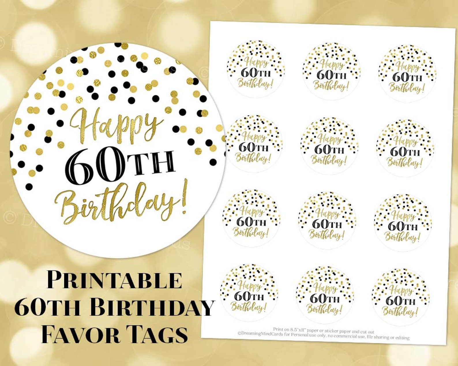 Printable Happy 60th Birthday Round Tags Black and Gold - Etsy