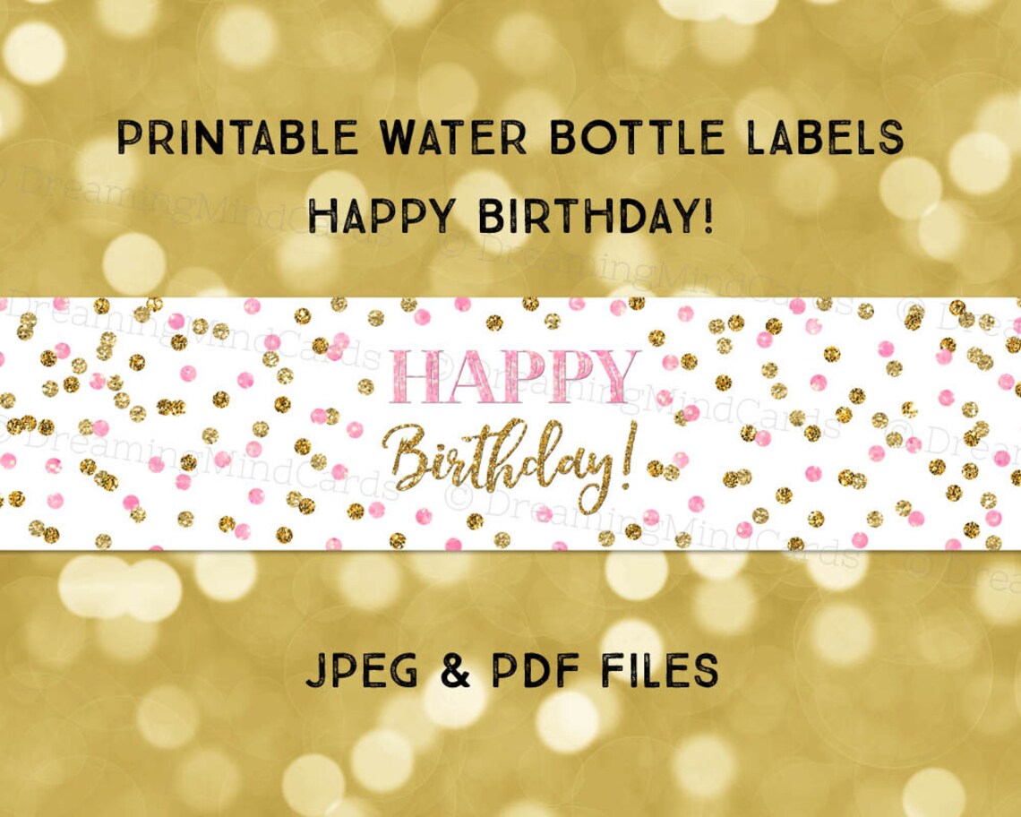 Printable Water Bottle Labels Happy Birthday Light Pink Gold Confetti ...