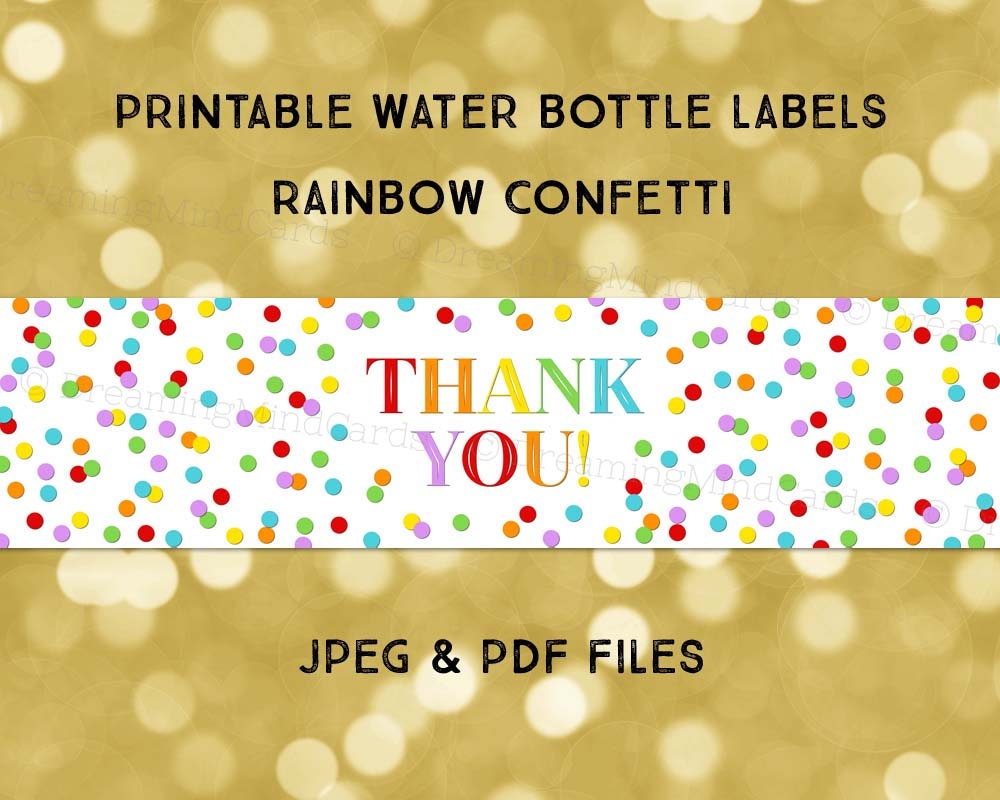Printable Water Bottle Labels Thank You Rainbow Confetti Instant ...
