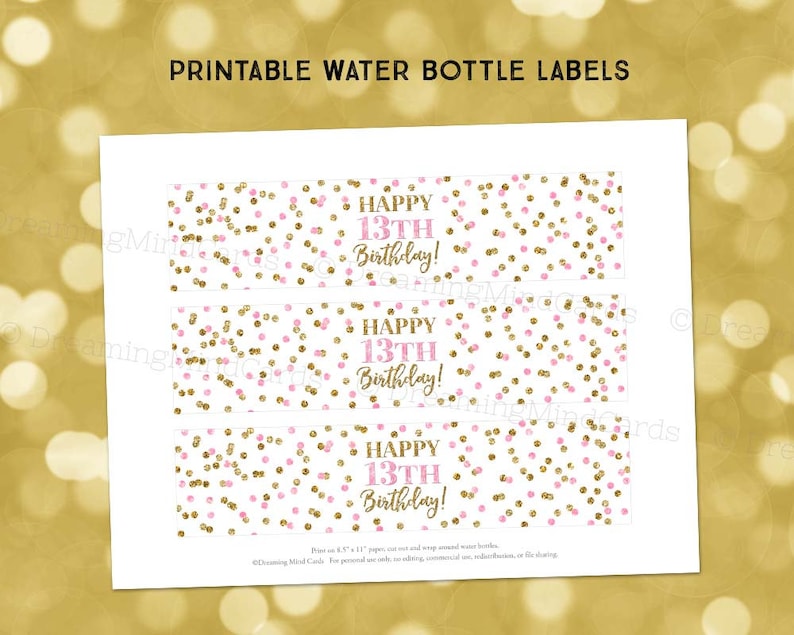Printable Water Bottle Labels Happy 13th Birthday Light Pink | Etsy