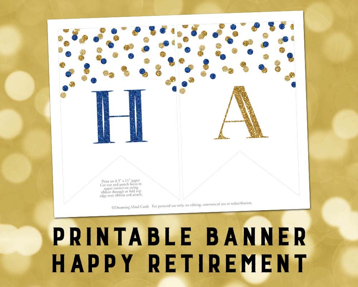 Printable Happy Retirement Banner Dark Blue Gold Confetti - Etsy
