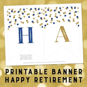 Printable Happy Retirement Banner Dark Blue Gold Confetti Bunting ...