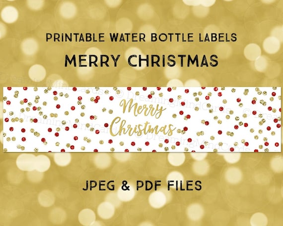 Printable Water Bottle Labels Merry Christmas Gold Red Glitter | Etsy
