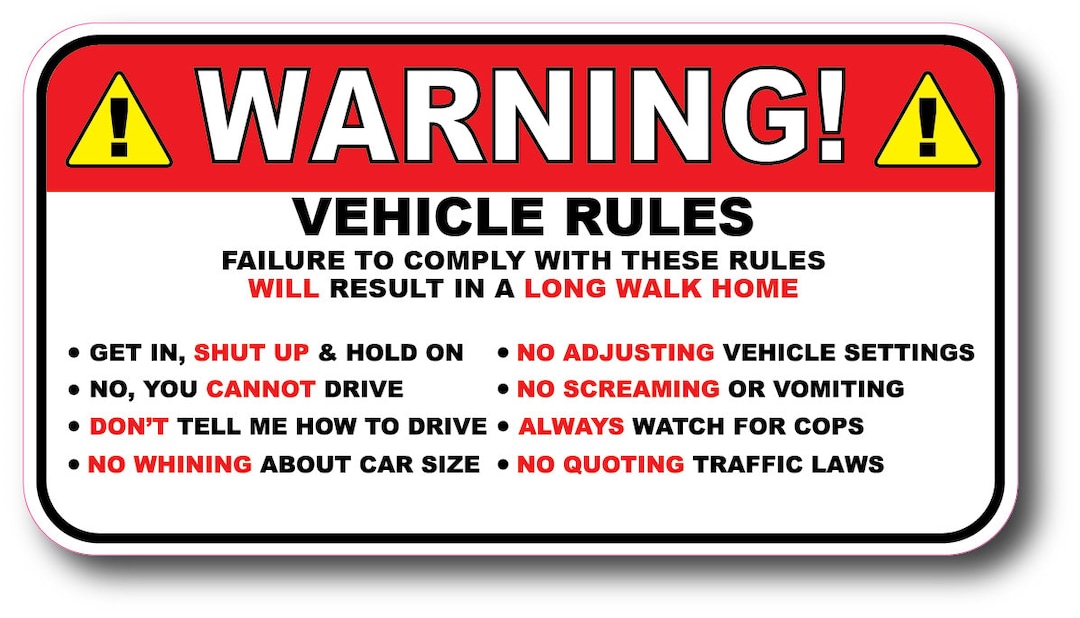 WARNING Vehicle Rules Instructions Safety Funny Adhesive Sticker Decal ...