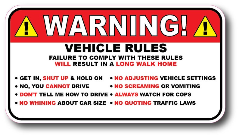WARNING Vehicle Rules Instructions Safety Funny Adhesive | Etsy