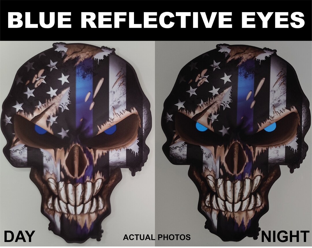 12" Tall Thin Blue Line Skull Decal Sticker With BLUE Reflective Eyes ...