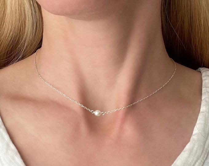 Dainty Floating Pearl Necklace, 925 Sterling Silver Choker - Etsy