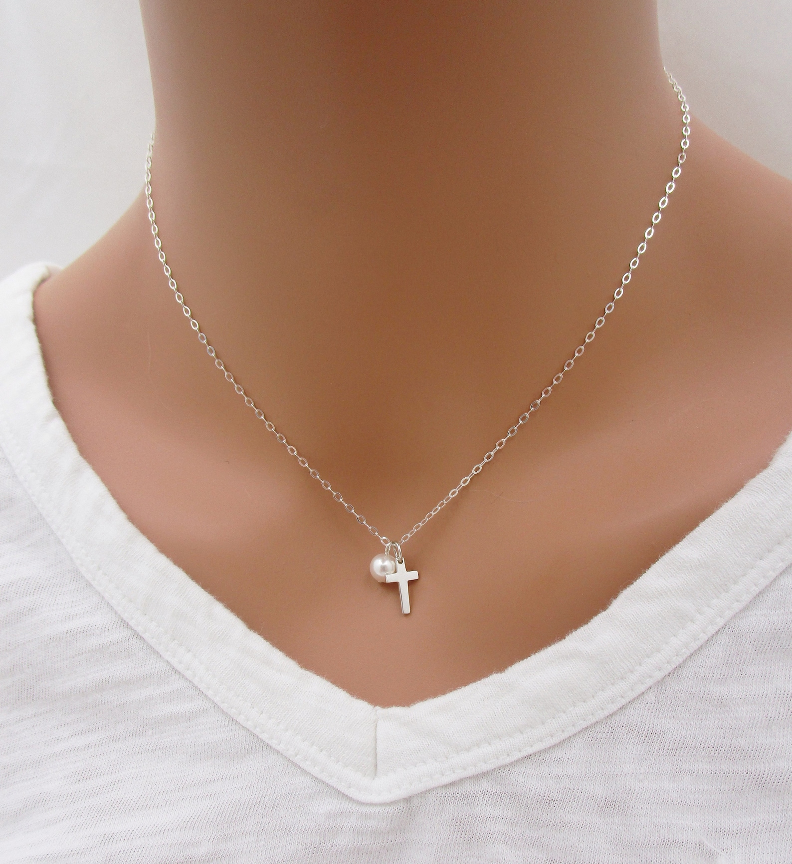 Tiny Cross Necklace With Pearl in Sterling Silver Dainty | Etsy