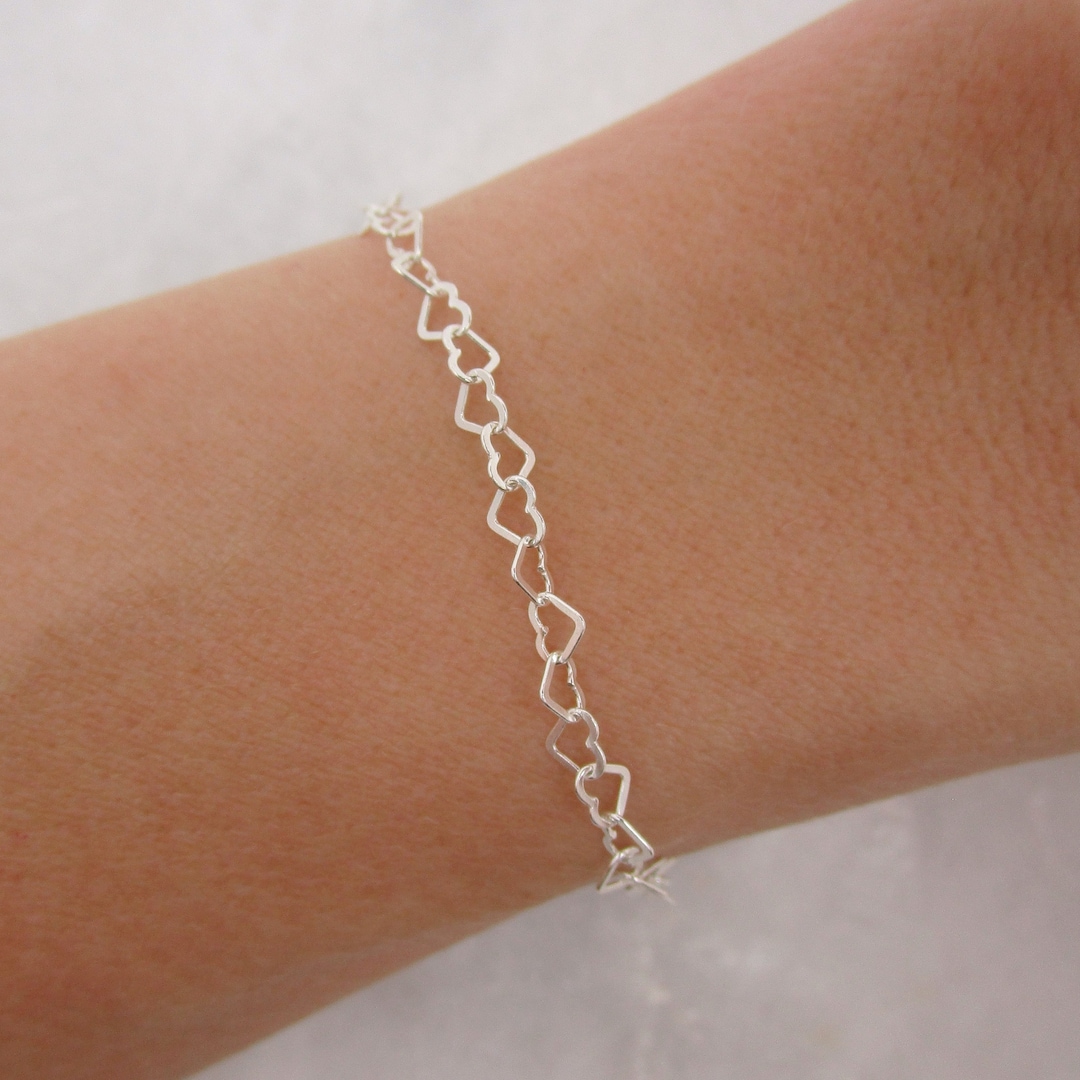 925 Sterling Silver Heart Chain Bracelet, Tiny Heart Links, Valentines ...