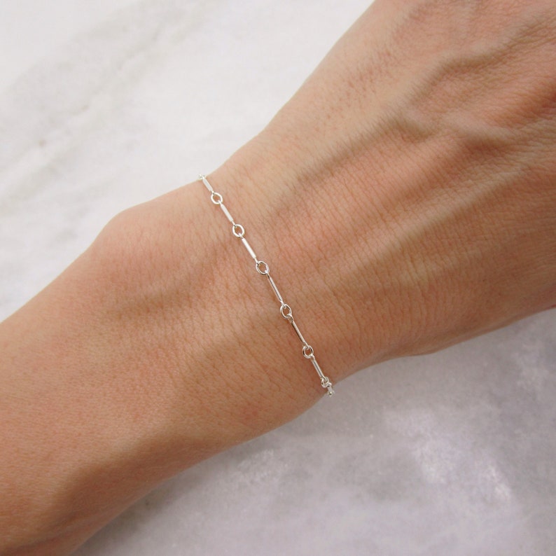Sterling Silver Bar Chain Bracelet, Dainty Thin Link Layering Bracelet ...