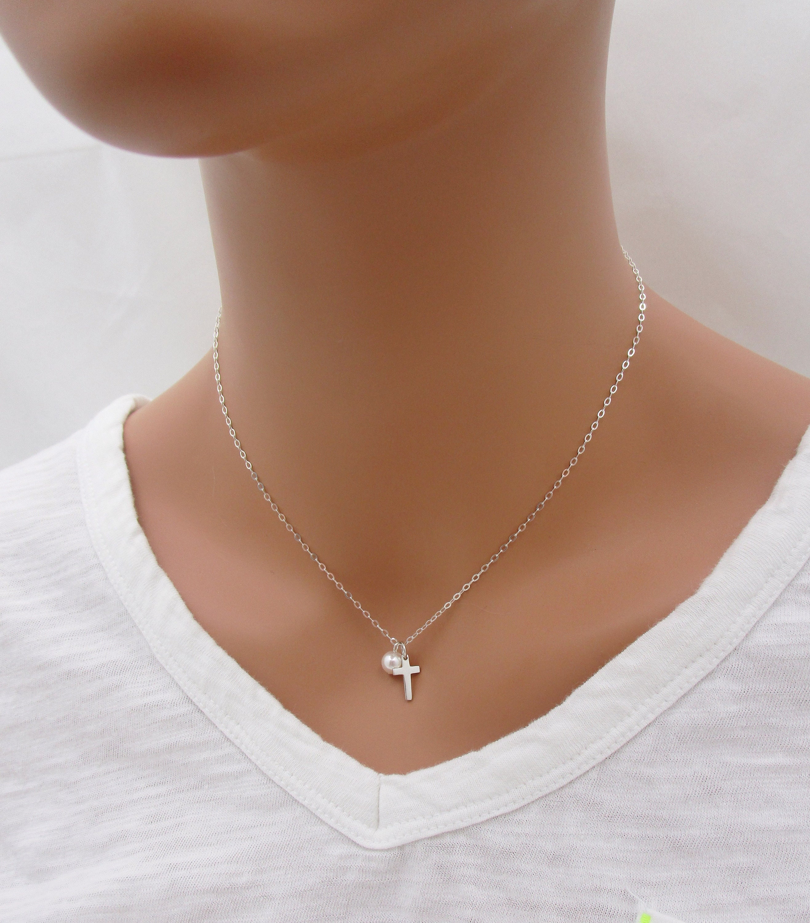 Tiny Cross Necklace With Pearl in Sterling Silver Dainty | Etsy