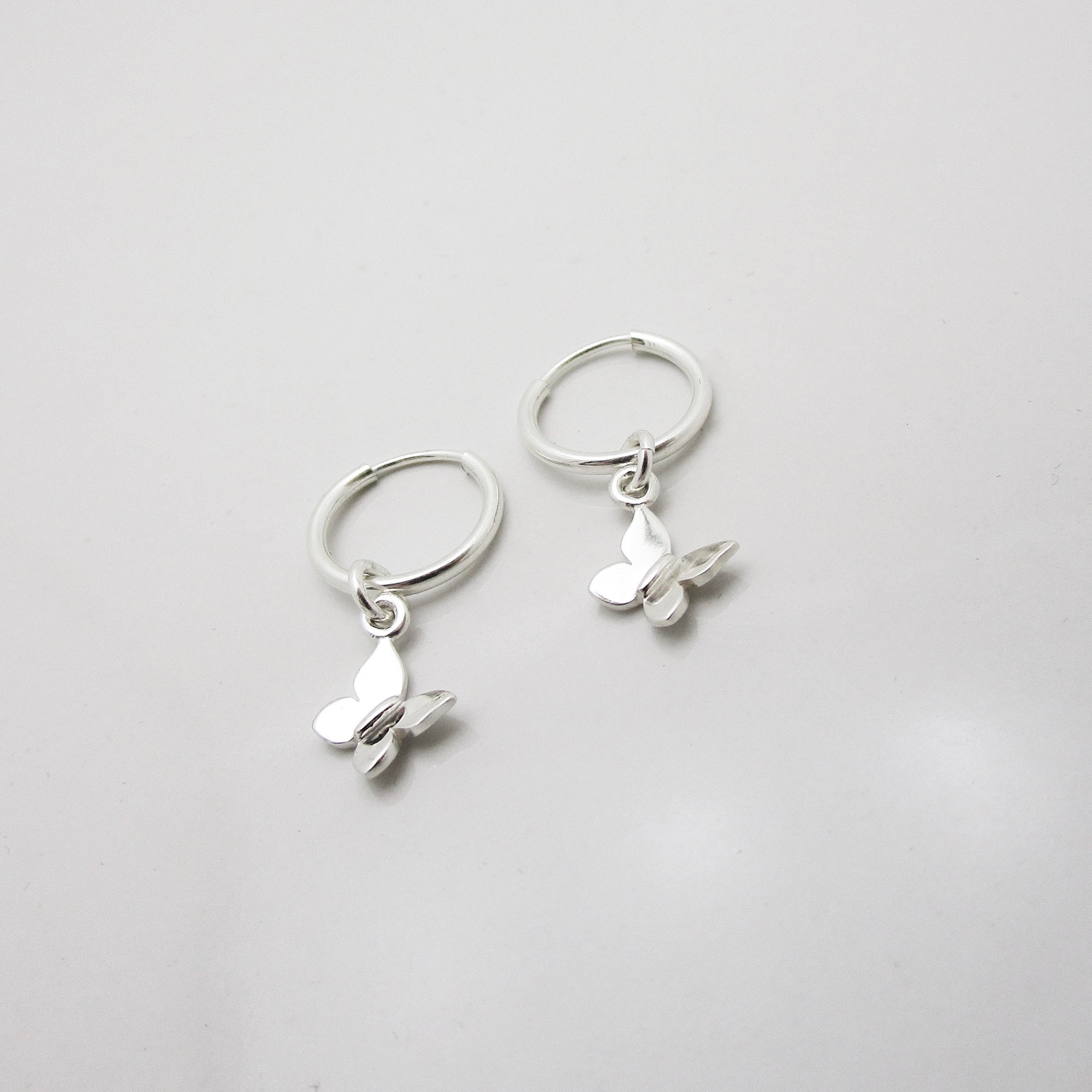 Sterling Silver Tiny Butterfly Earrings, Small Endless Hoops - Etsy