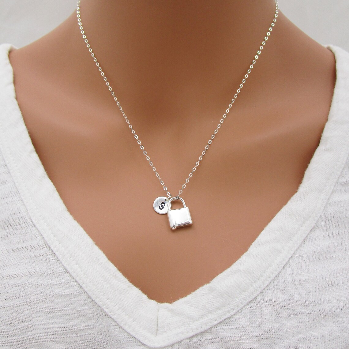 Tiny Lock Necklace With Initial Disc, Sterling Silver Personalized ...
