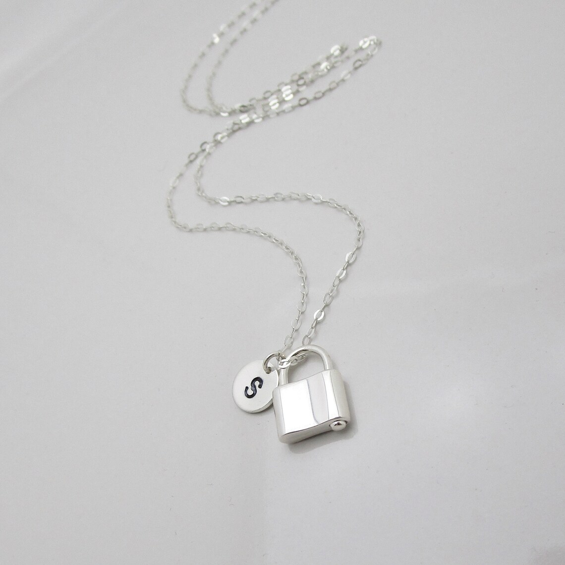Tiny Lock Necklace With Initial Disc, Sterling Silver Personalized ...