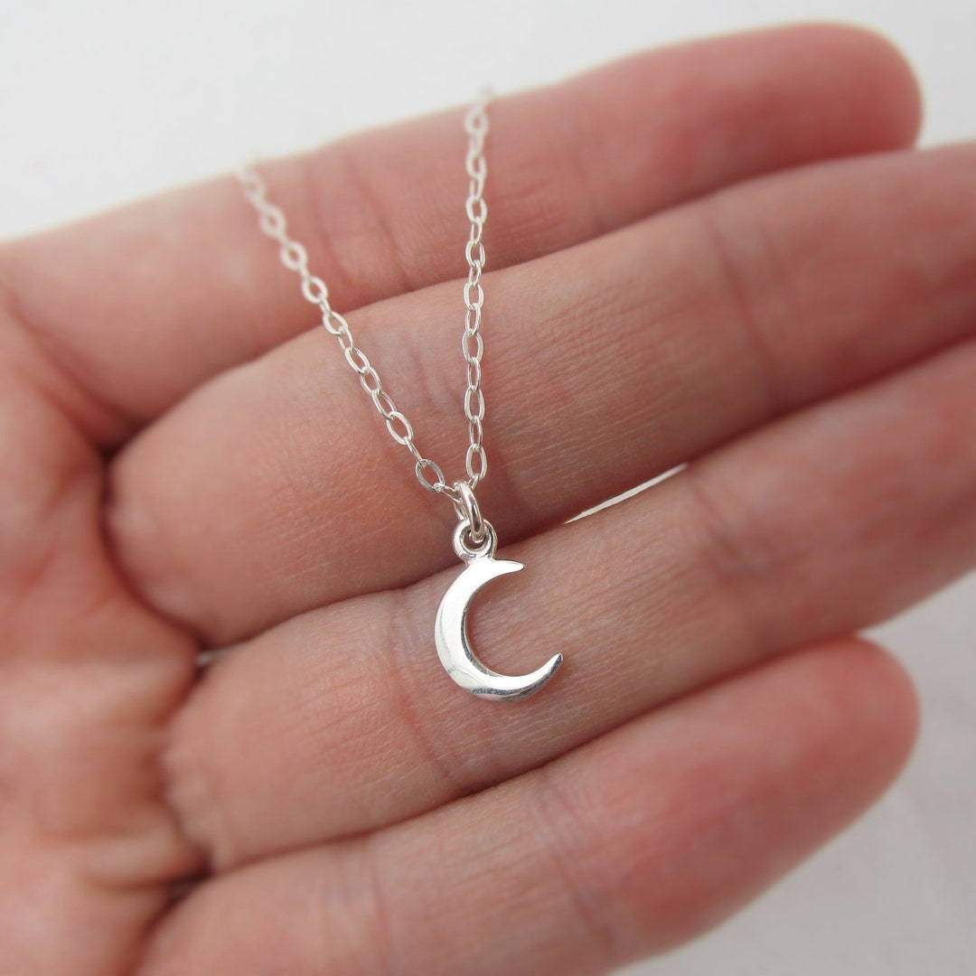 Sterling Silver Tiny Crescent Moon Necklace, Tiny Moon Charm Necklace ...