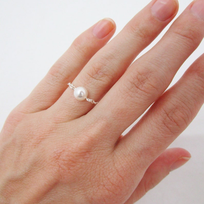 Sterling Silver Pearl Ring Tiny Pearl Chain Ring Silver | Etsy