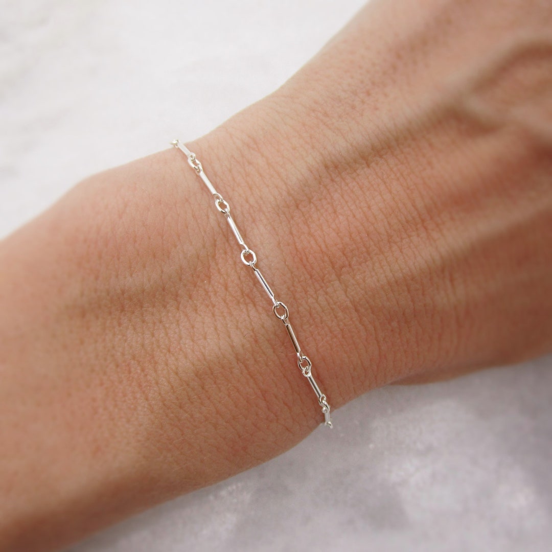 Sterling Silver Bar Chain Bracelet, Dainty Thin Link Layering Bracelet ...