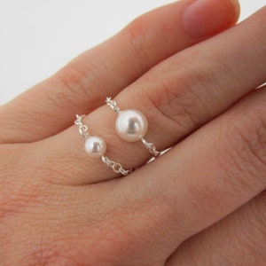 Sterling Silver Pearl Ring, Tiny Pearl Chain Ring, Silver Chain Ring ...