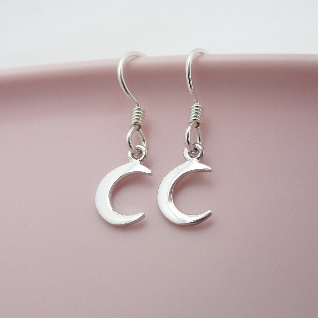 Sterling Silver Moon Earrings, Tiny Moon Dangle Earrings, Mini Crescent ...