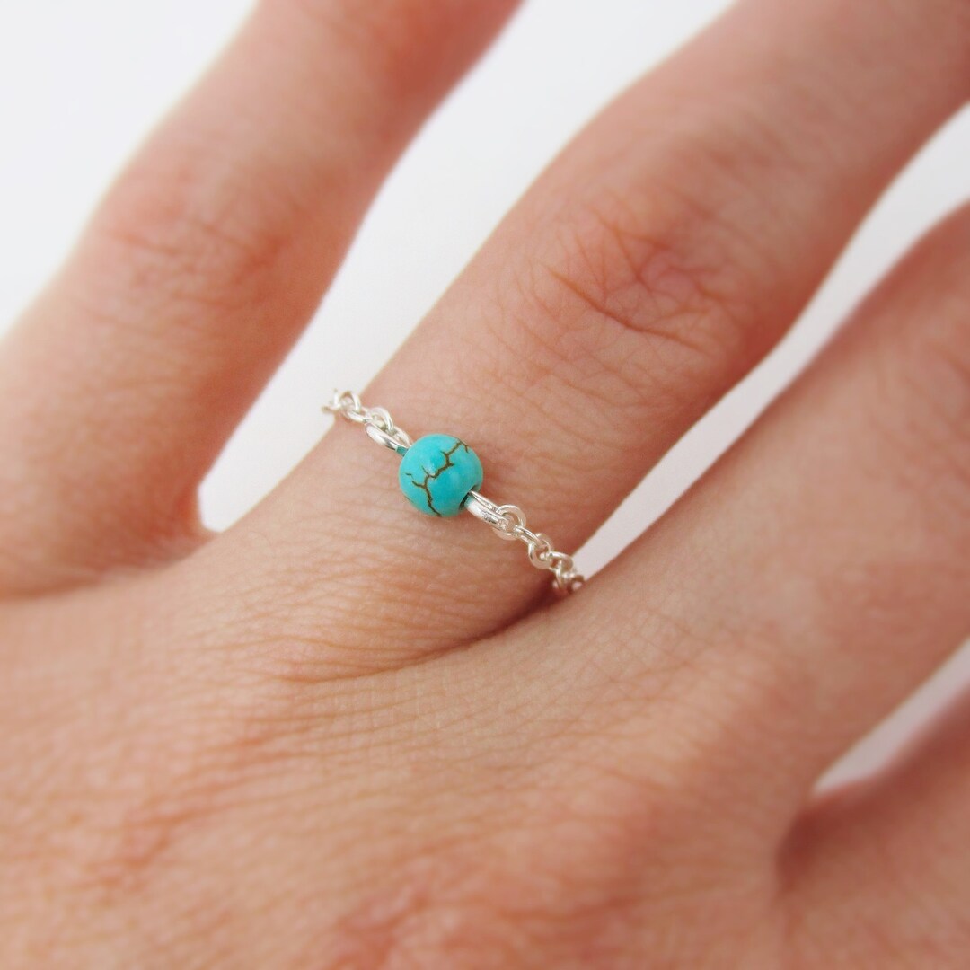 Sterling Silver Turquoise Chain Ring, Dainty Stacking Ring, Tiny ...