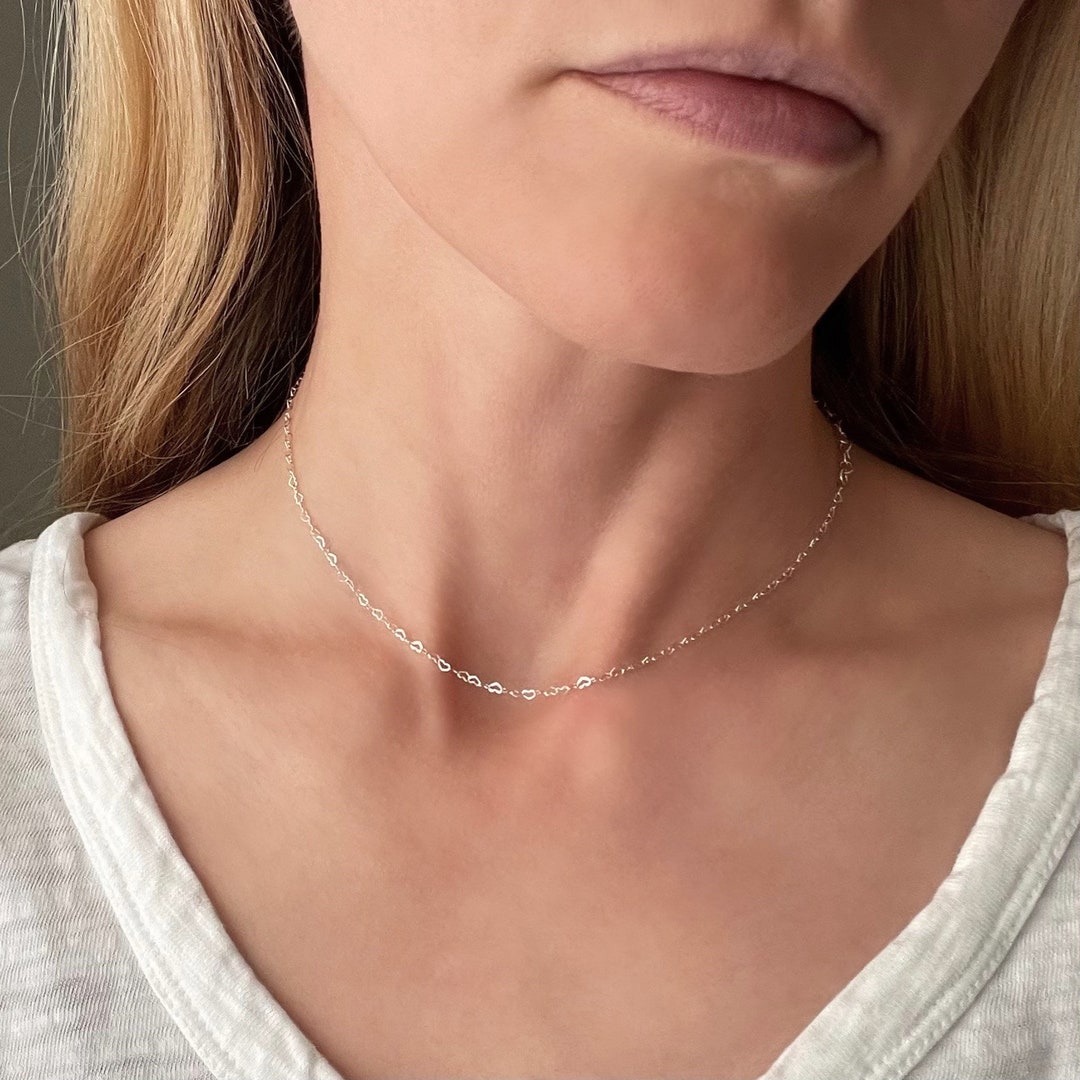Dainty Tiny Heart Chain Necklace, 925 Sterling Silver Layering Choker ...