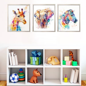 Set of 3 Safari Animals Watercolor PRINTABLE ART Giraffe Zebra Elephant ...