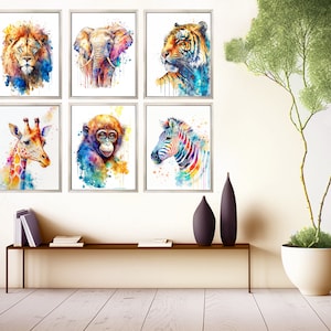 Set of 6 Safari Animals Watercolor PRINTABLE ART Giraffe Print Animal ...