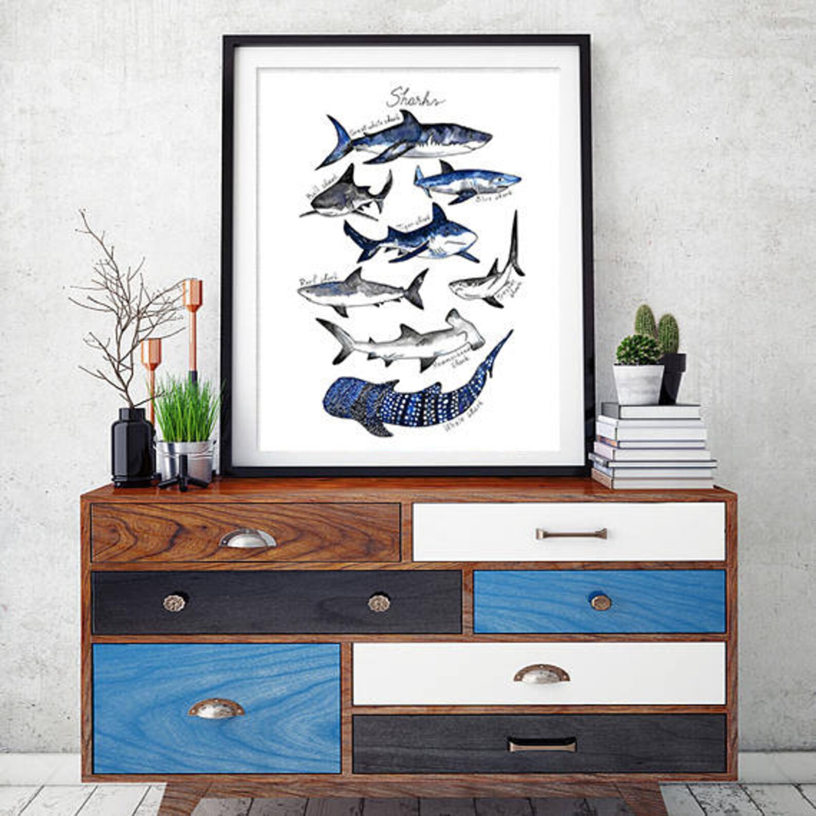 Watercolor Sharks PRINTABLE ART Nautical Decor Sharks Print Ocean Shark ...