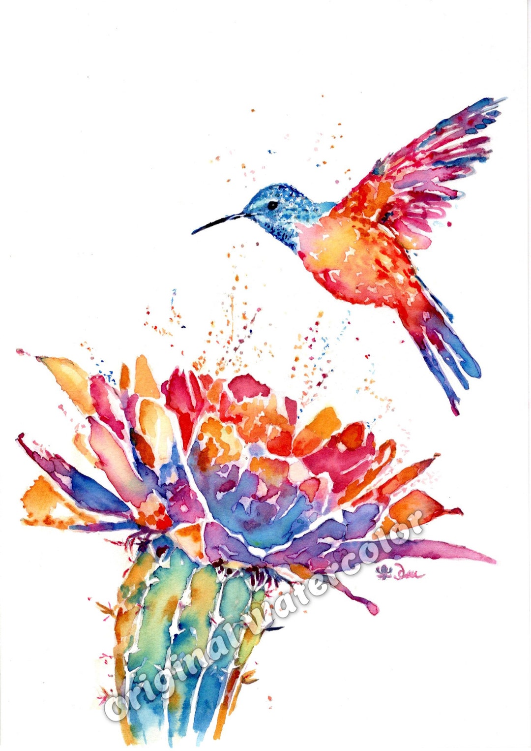 Hummingbird and Cactus Flower ORIGINAL WATERCOLOR Painting, Original ...