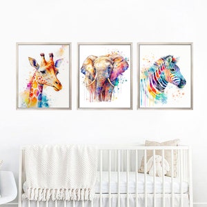 Set of 3 Safari Animals Watercolor PRINTABLE ART Giraffe Zebra Elephant ...