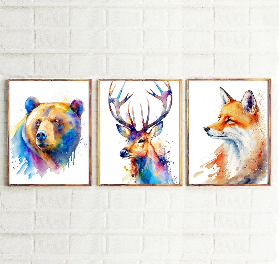 Set of 3 Woodland Animals Watercolor PRINTABLE ART Bear Fox Reindeer ...